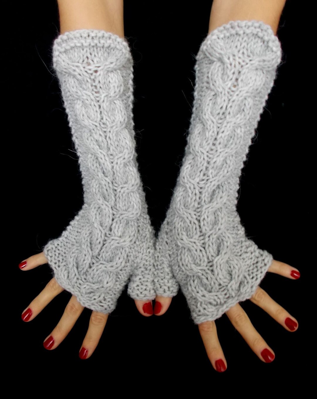 Fingerless Gloves Light Grey Wrist Warmers Cabled Handmade - Etsy