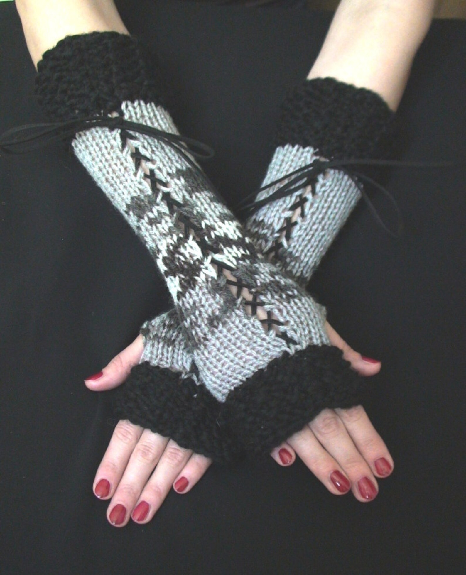 Fingerless Gloves Woolen Corset Wrist Warmers in Black Greys - Etsy