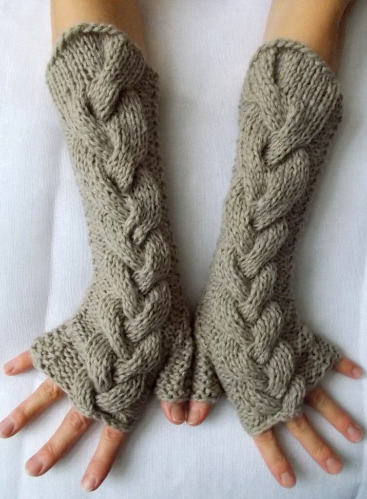 Chunky Fingerless Gloves Mittens Beige Cabled / Wrist Warmers | Etsy