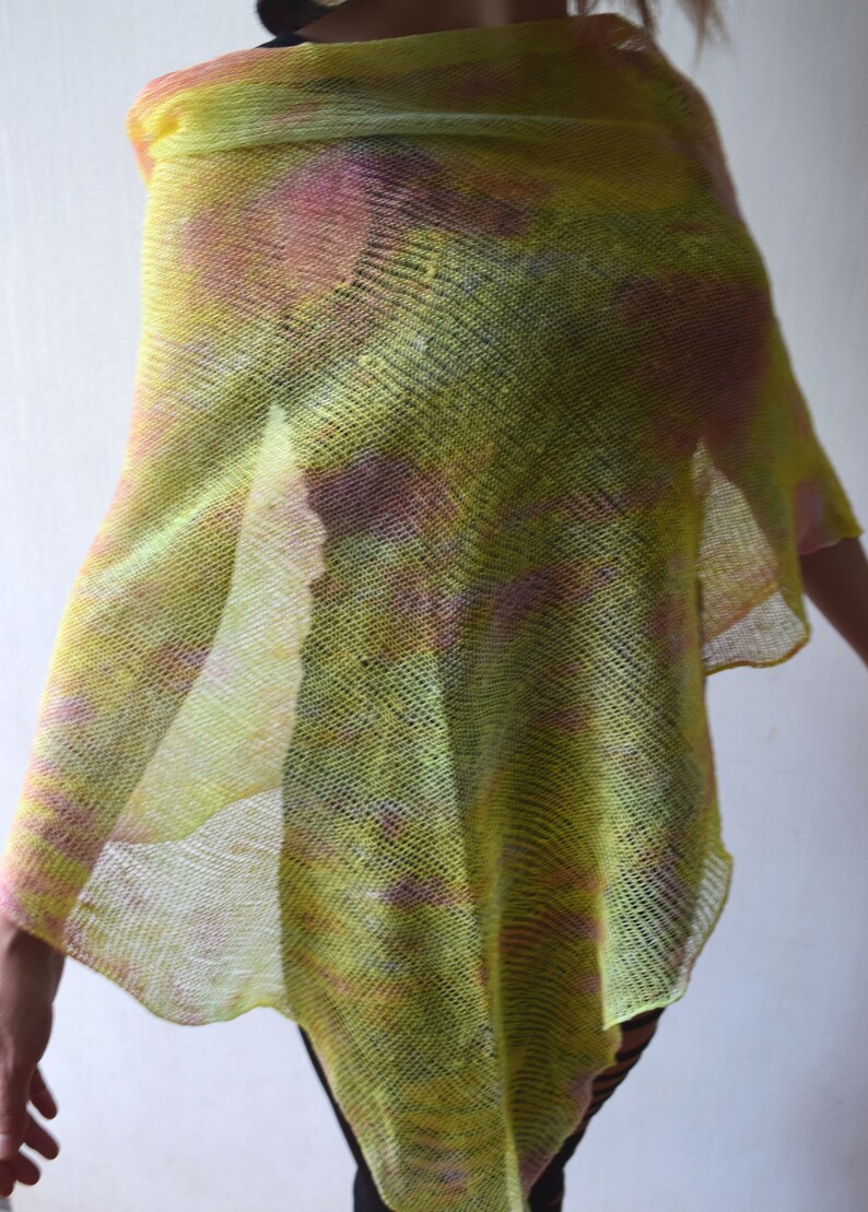 Linen Shawl Poncho Top Lime Green Pink Yellow Hand Dyed Abstract Women ...