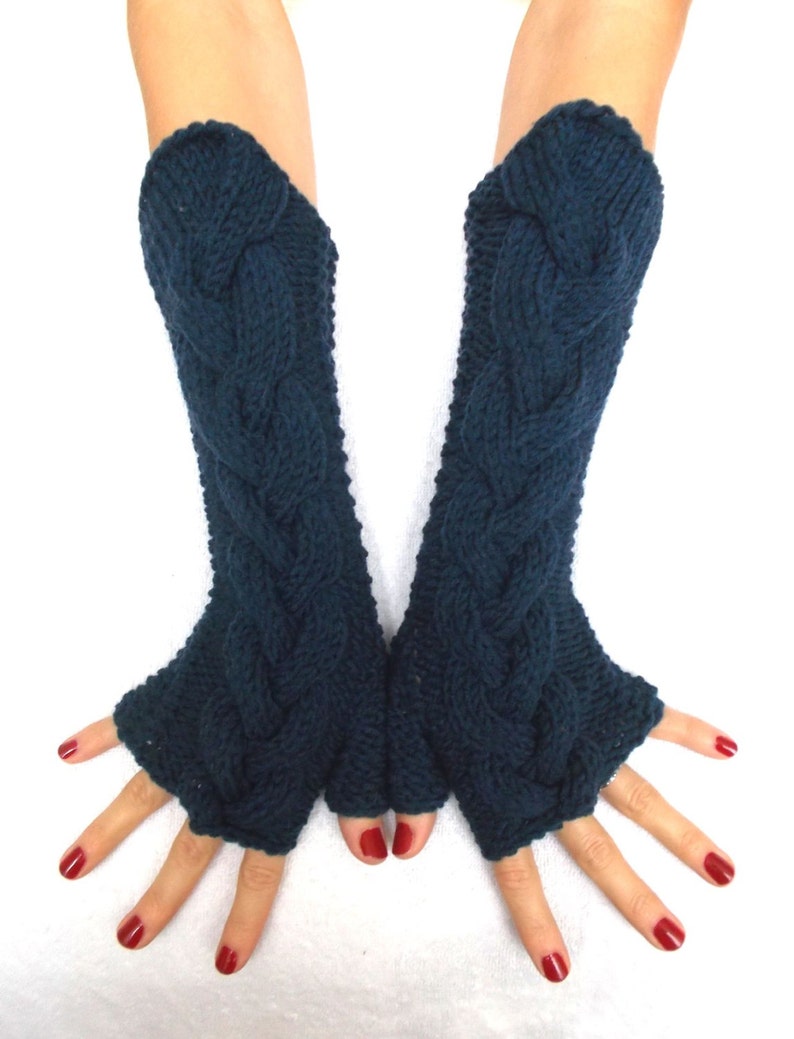 Fingerless Gloves Wrist Warmers Dark Blue/ Navy Cabled Hand | Etsy