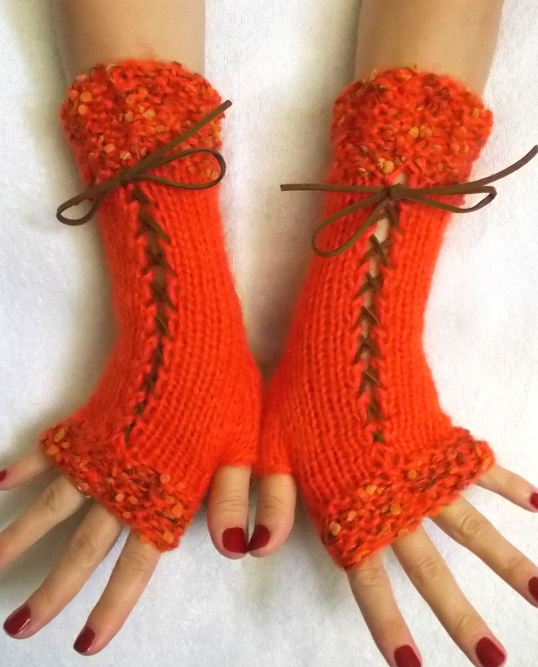 Orange Fingerless Gloves Corset Wrist Warmers for Women With Angora ...