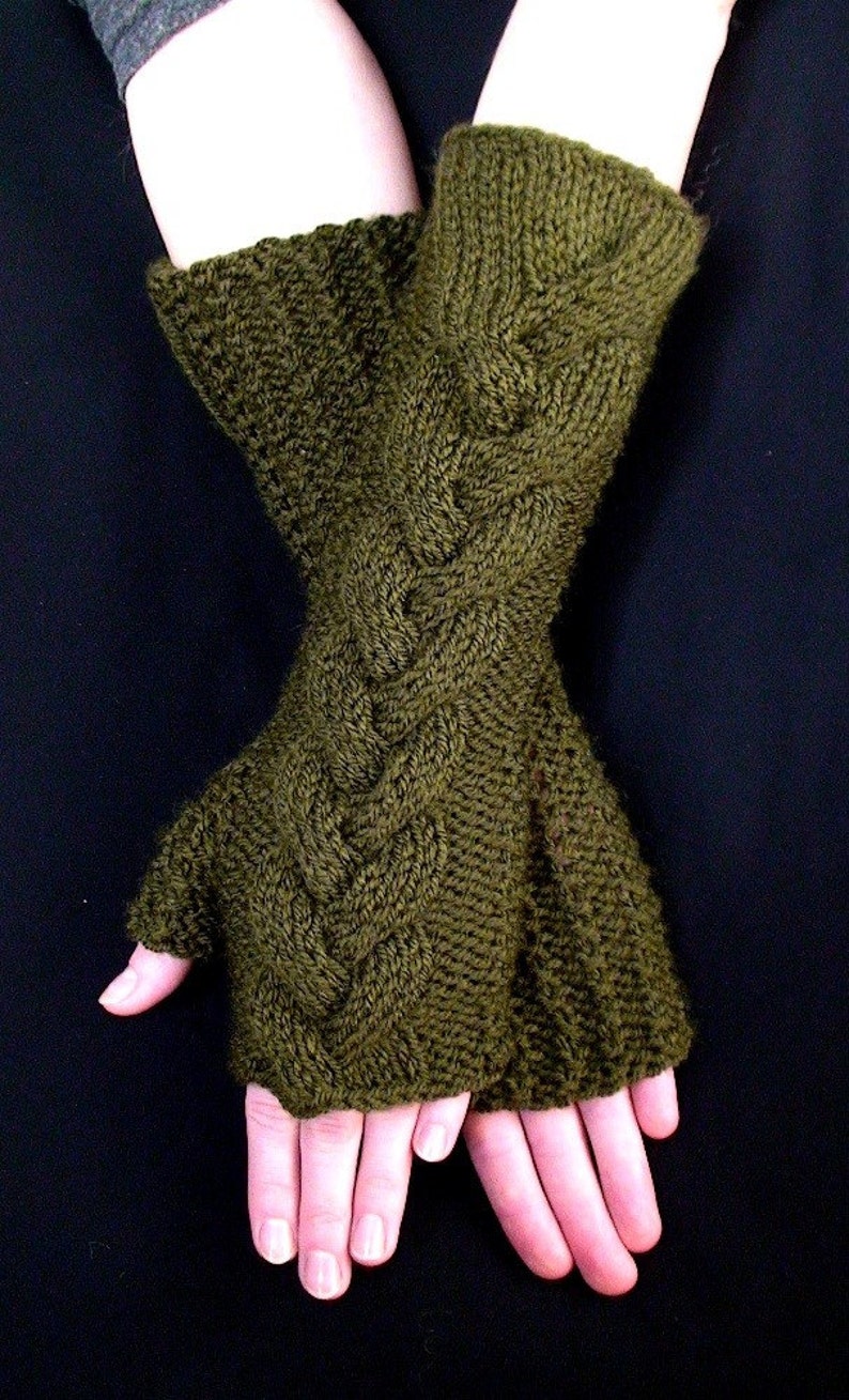 Fingerless Gloves Green Long Knit Moss Green Handknit Cabled - Etsy