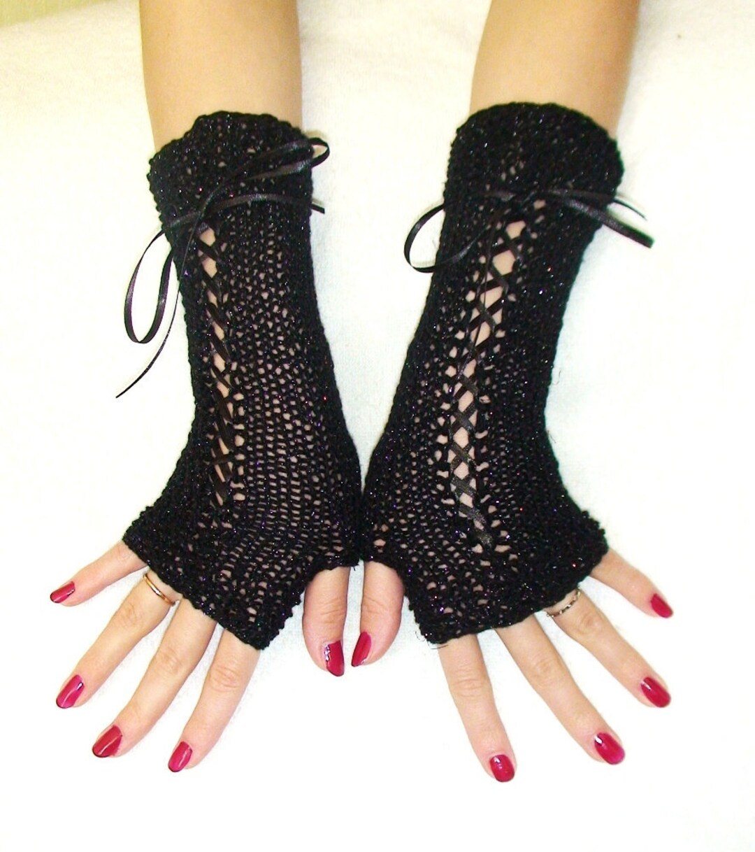 Fingerless Gloves Black Luxurious Corset Wrist Warmers Lurex Satin ...