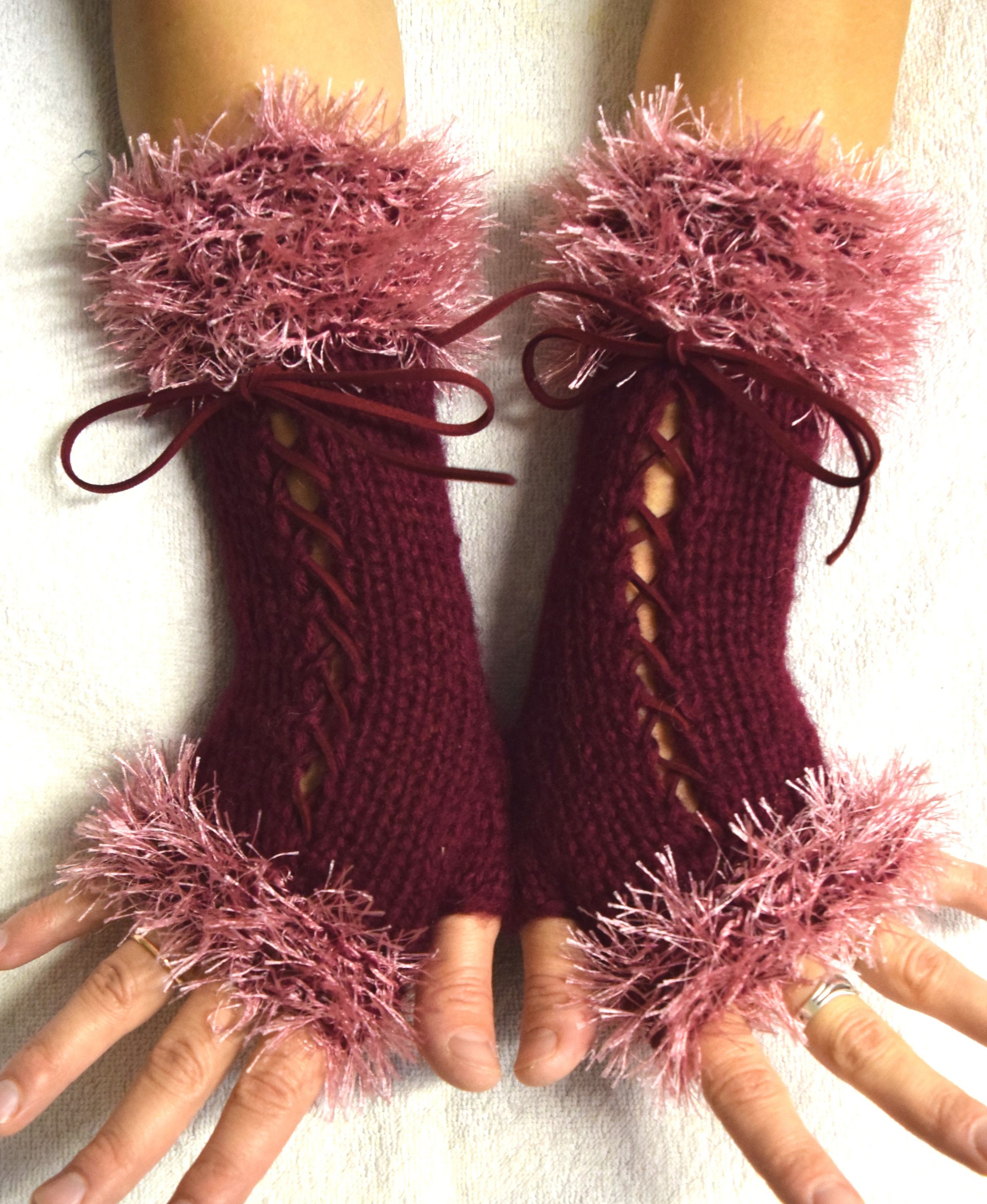 Fingerless Mittens Gloves Burgundy Dark Red Pink Knit Corset | Etsy