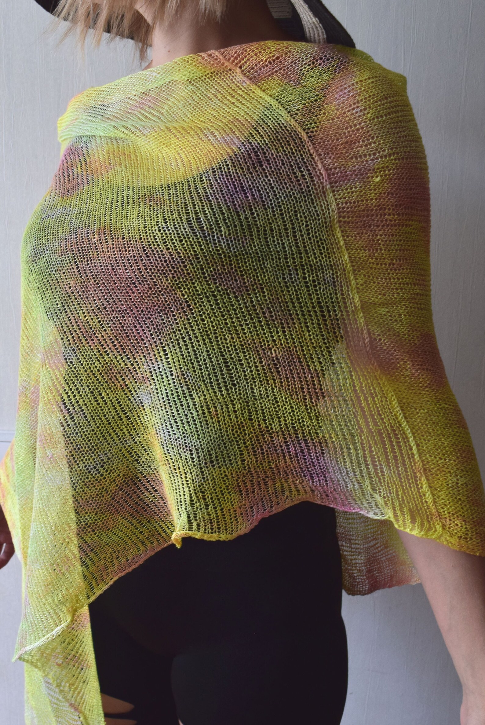 Linen Shawl Poncho Top Lime Green Pink Yellow Hand Dyed Abstract Women ...