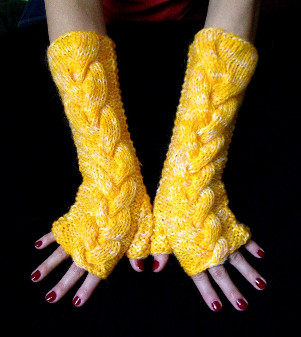 Fingerless Gloves Cabled Long Yellow Wrist Warmers With White - Etsy
