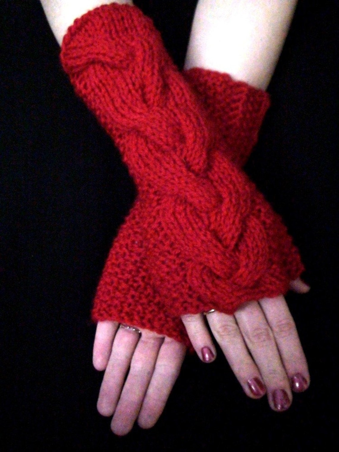 Knit Fingerless Gloves Red Cabled Wrist Warmers Soft and Long - Etsy