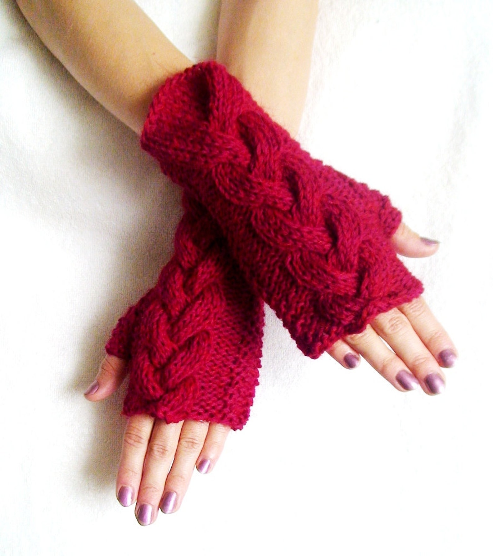 Red Fingerless Gloves Cabled Wrist Warmers Warm and Soft | Etsy