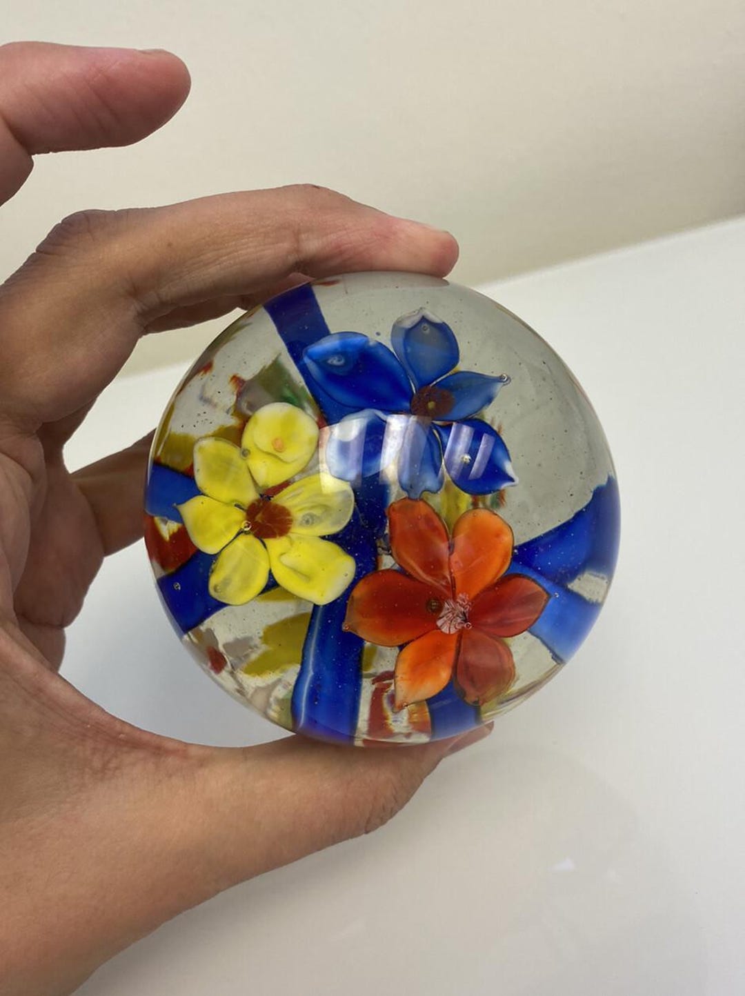 Vintage Art Glass Paperweight Colorful Encased Flowers in Clear Glass ...