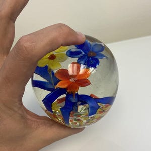 Vintage Art Glass Paperweight Colorful Encased Flowers in Clear Glass ...