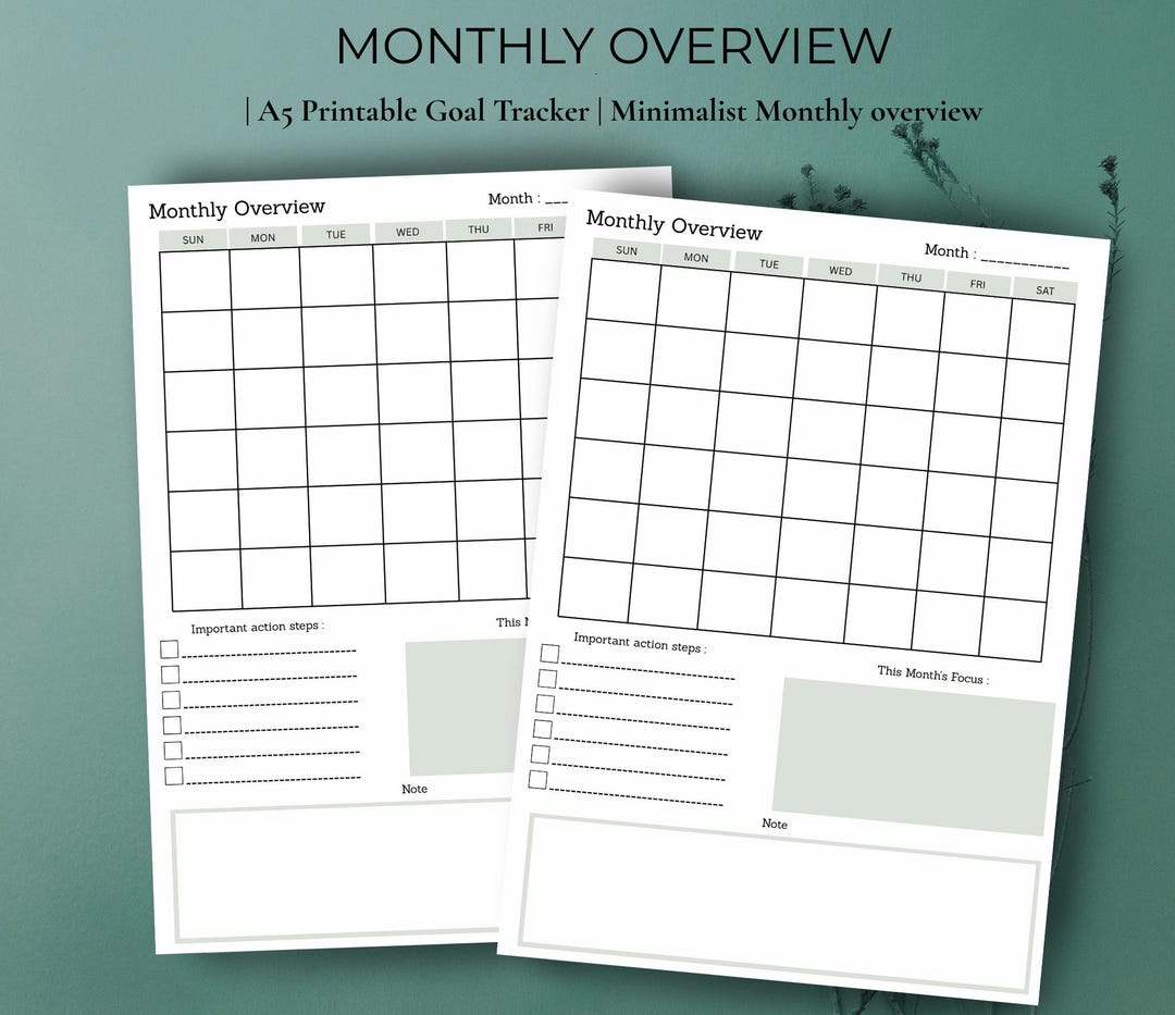 Monthly Overview Planner A5 Printable | Undated Monthly Calendar ...