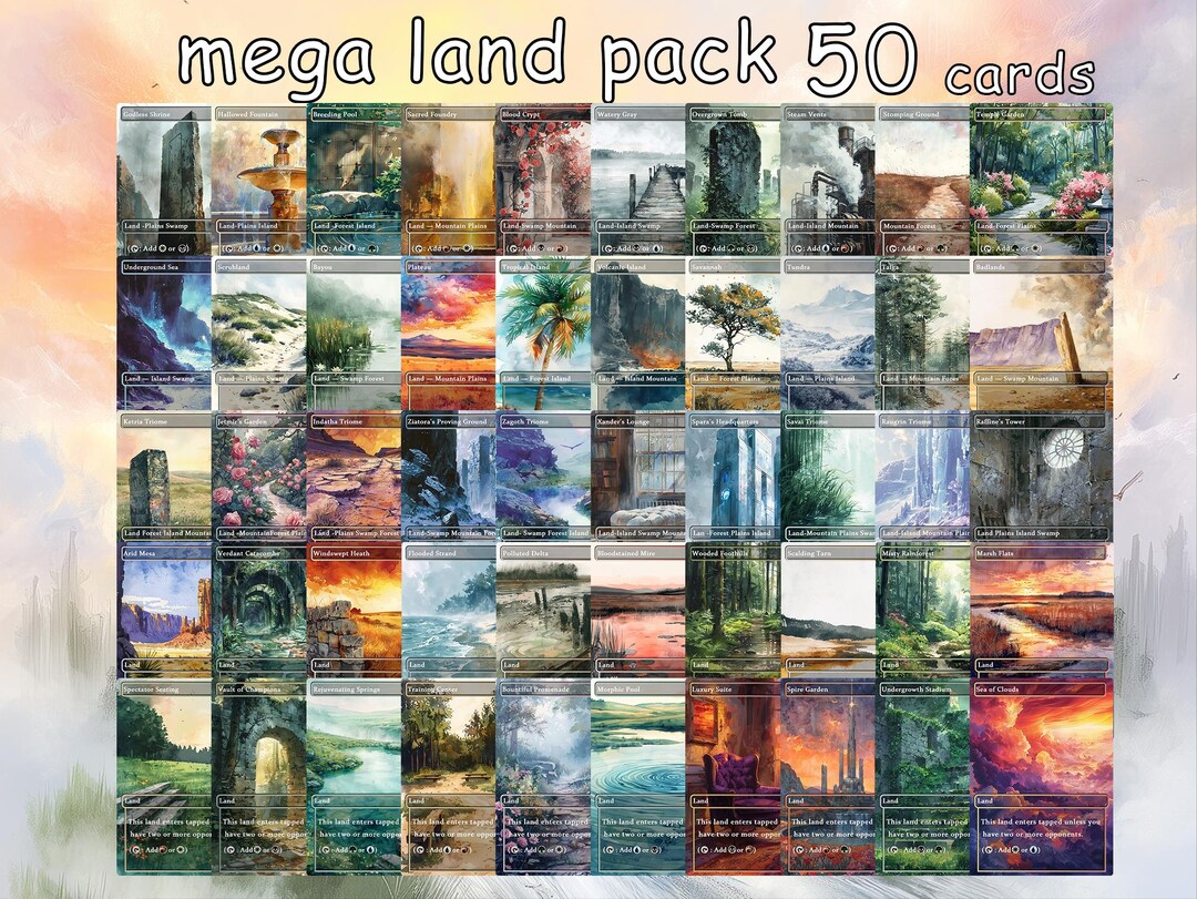 Mega Land Pack (50 Cards) Watercolor Style Lands Set of 50 Unique ...