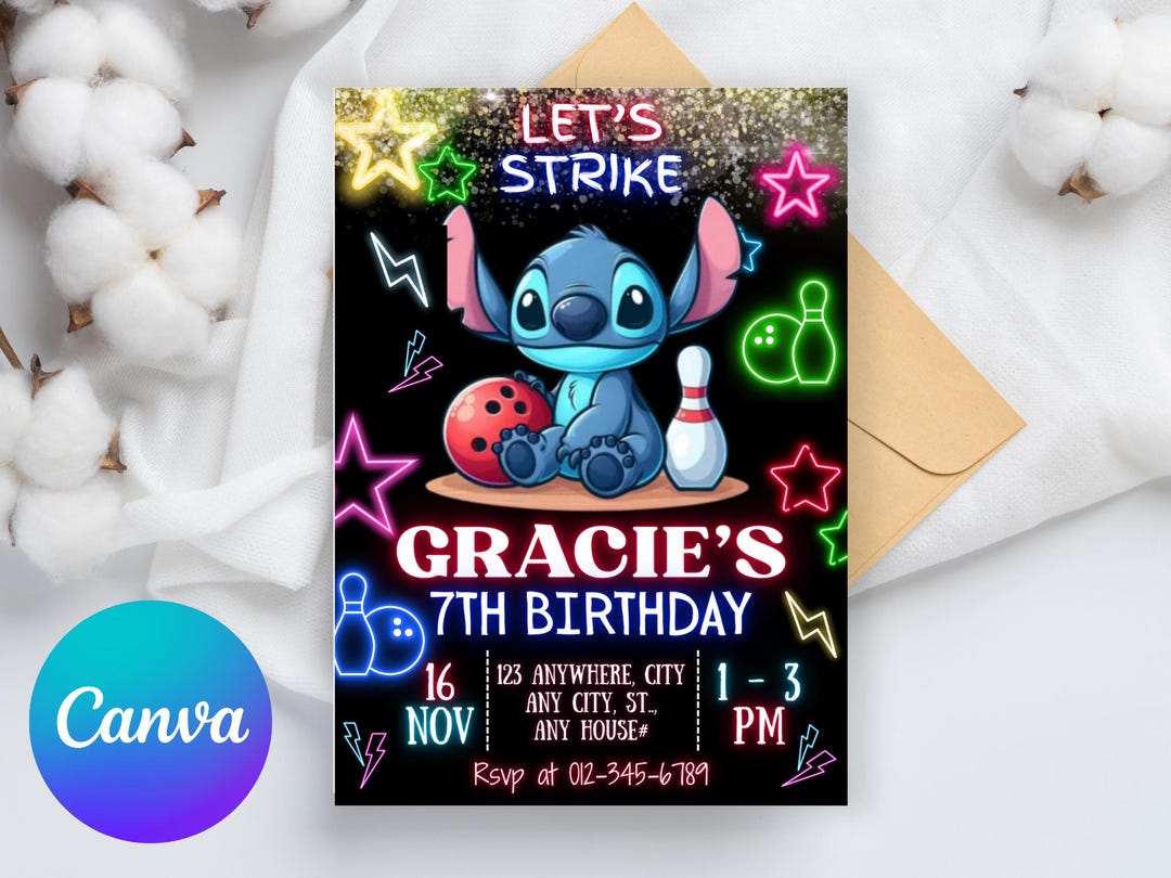 Stitch Bowling Birthday Invitation | Stitch Neon Game Party Invitation ...
