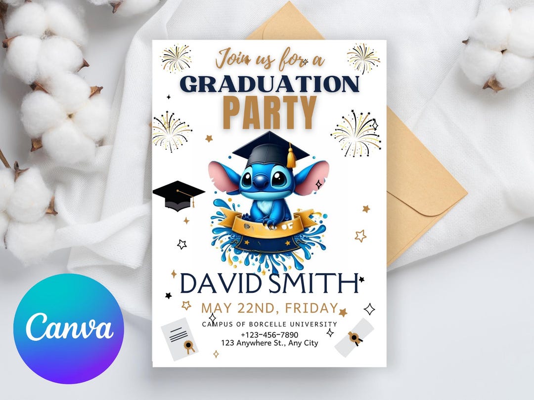 Stitch Graduation Blue Party Invitation | Stitch Lilo Kindergarten and ...
