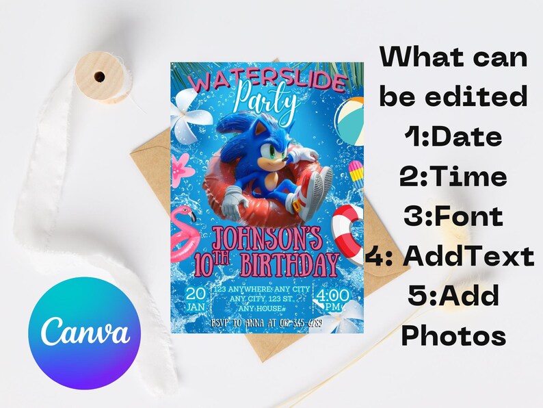Editable Sonic Pool Party Birthday Invitation,sonic Beach Party ...