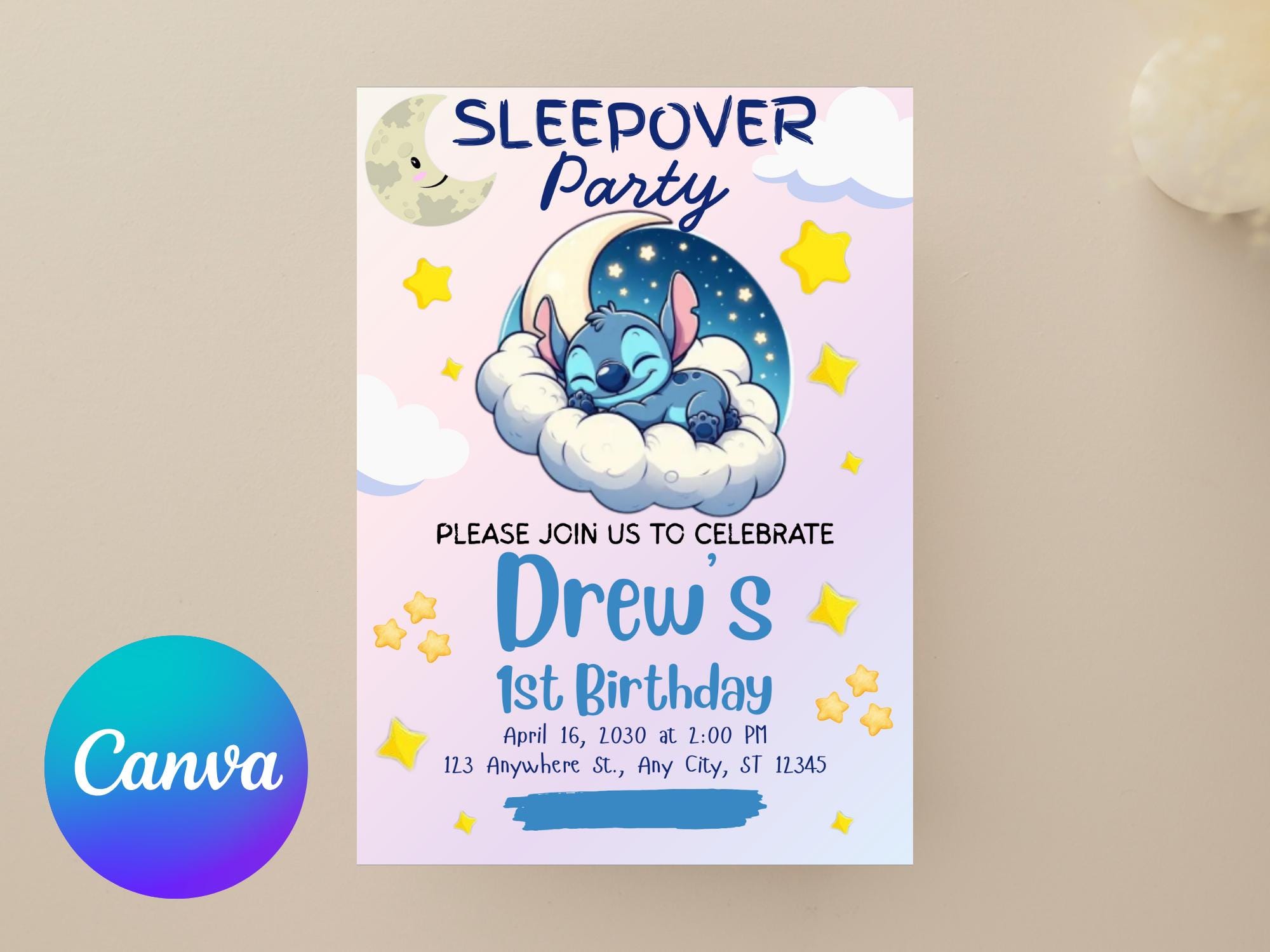 Stitch Sleepover Birthday Invitation | Stitch Slumber Blue Party ...