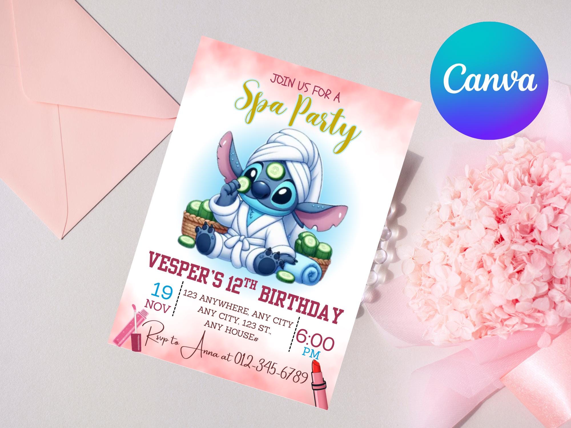 Stitch Spa Sleepover Birthday Invitation | Stitch Pijama Slumber Party ...