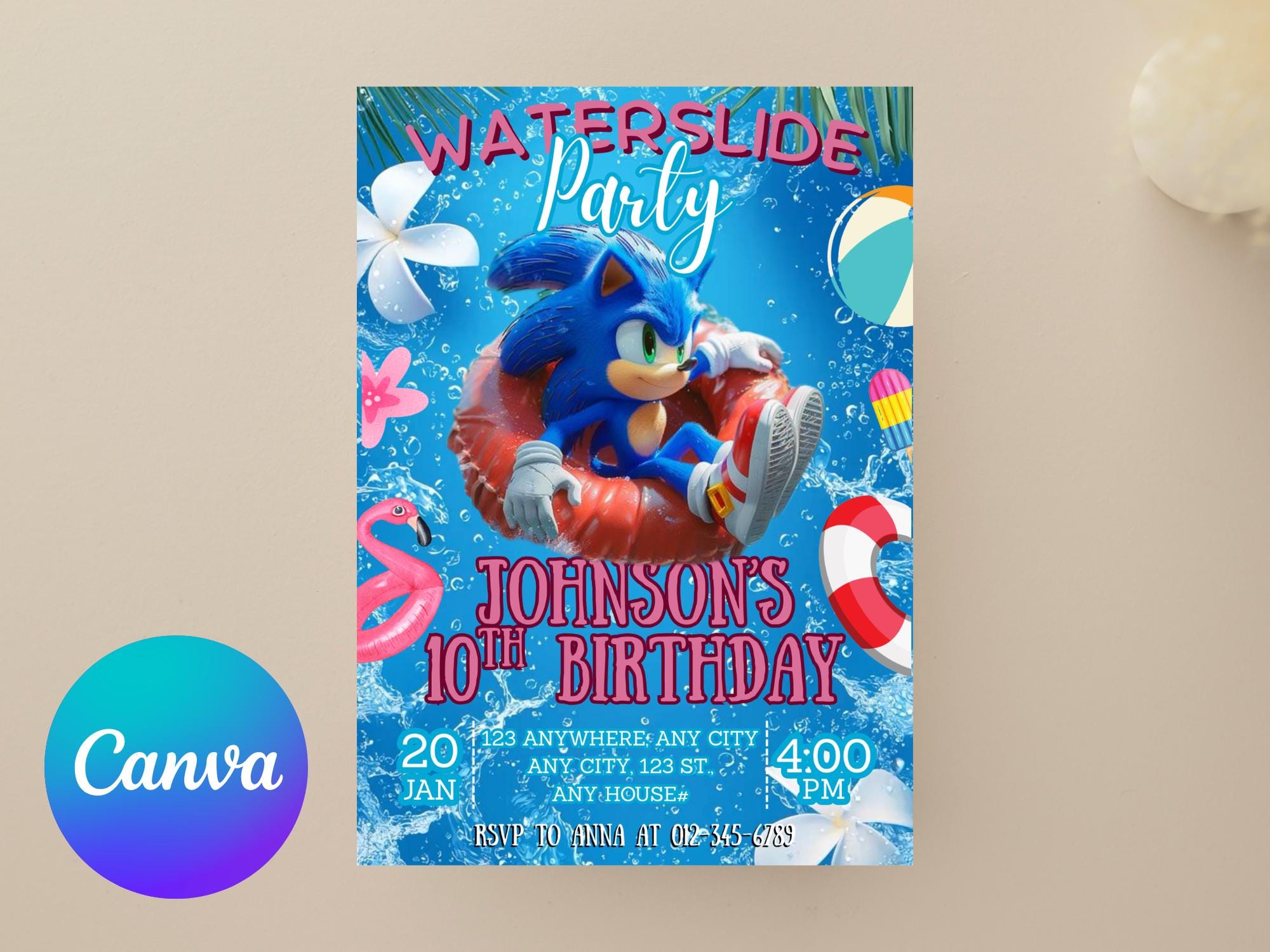 Editable Sonic Pool Party Birthday Invitation,sonic Beach Party ...