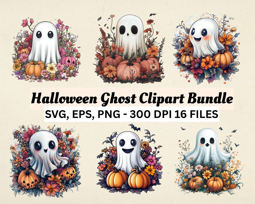 14 Cute Halloween Ghost Clipart Bundle, Watercolor PNG, Witch Hat ...