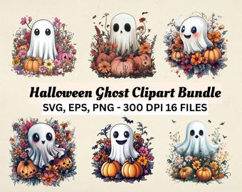 Whimsical Halloween Ghost Clipart Bundle, Watercolor PNG, Witch Hat ...