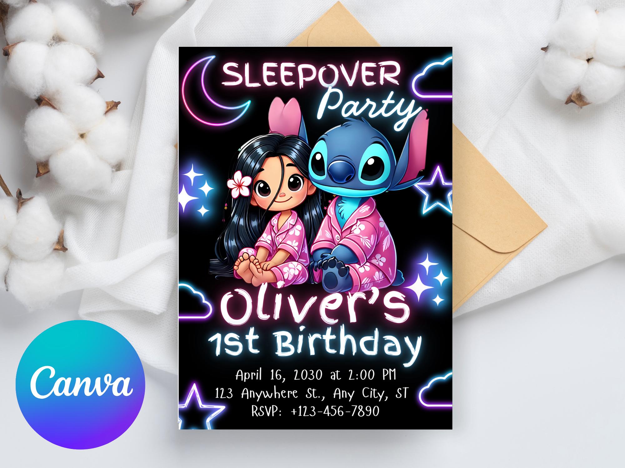 Stitch Lilo Sleepover Birthday Invitation | Stitch Angel Slumber Neon ...