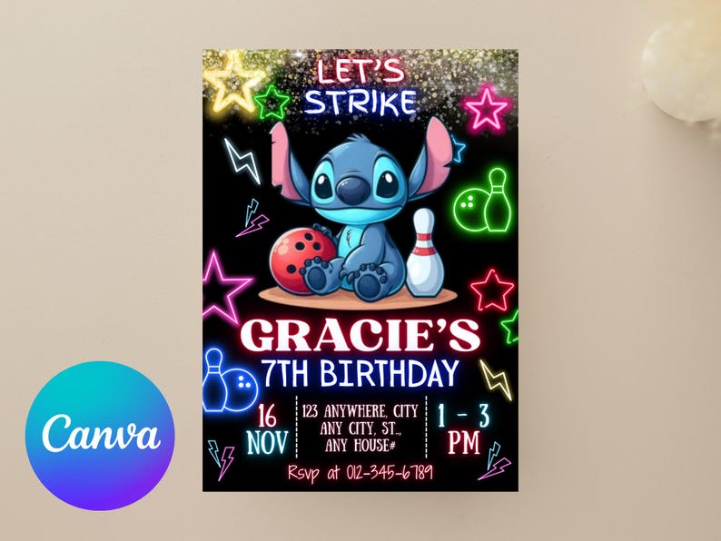 Stitch Bowling Birthday Invitation | Stitch Neon Game Party Invitation ...