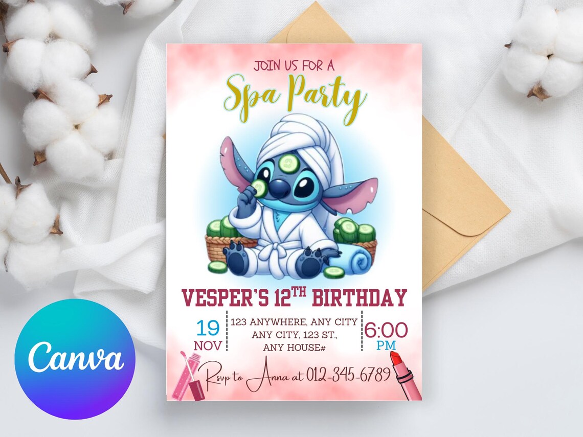 Stitch Spa Sleepover Birthday Invitation | Stitch Pijama Slumber Party ...