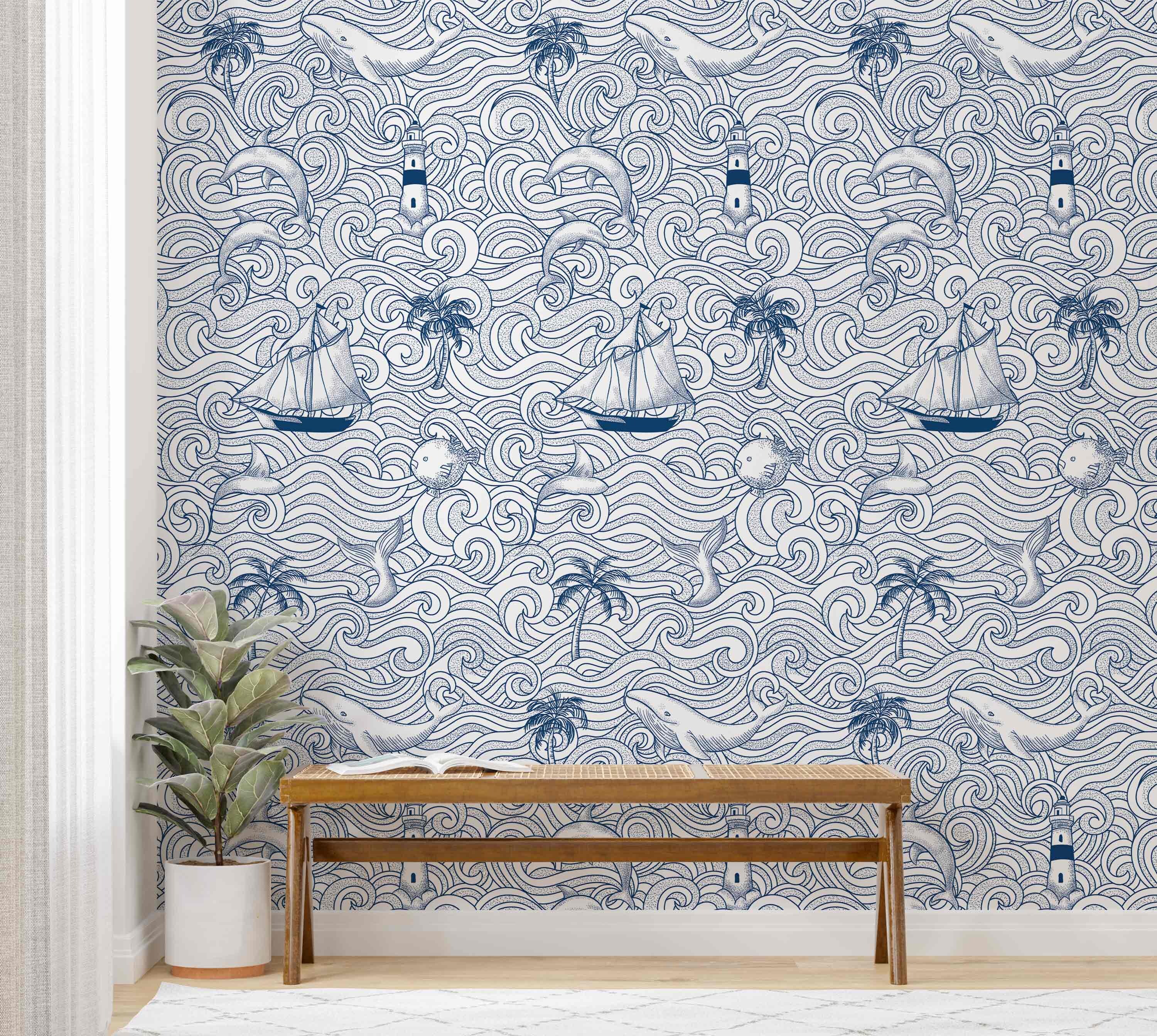Blue Wave Wallpaper Blue Ocean Wall Decal Blue Whale Wall Sticker ...