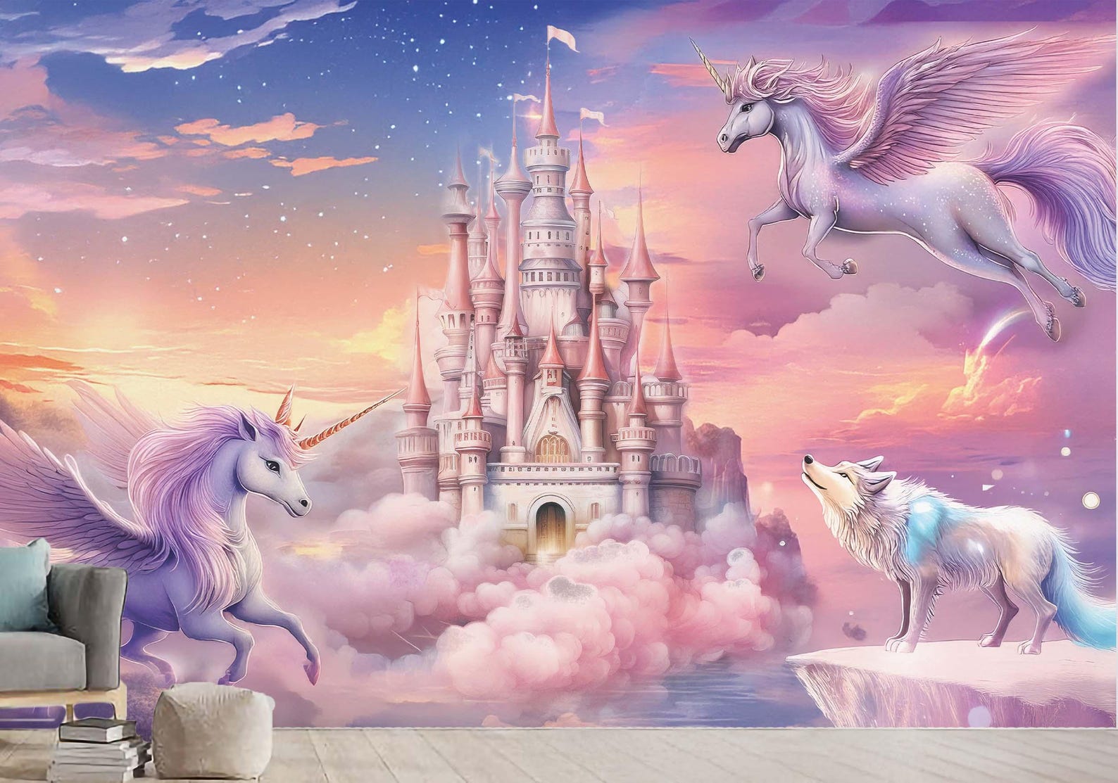 Princess Castle Wallpaper Pink Castle Wall Decal Unicorn Wall Mural ...
