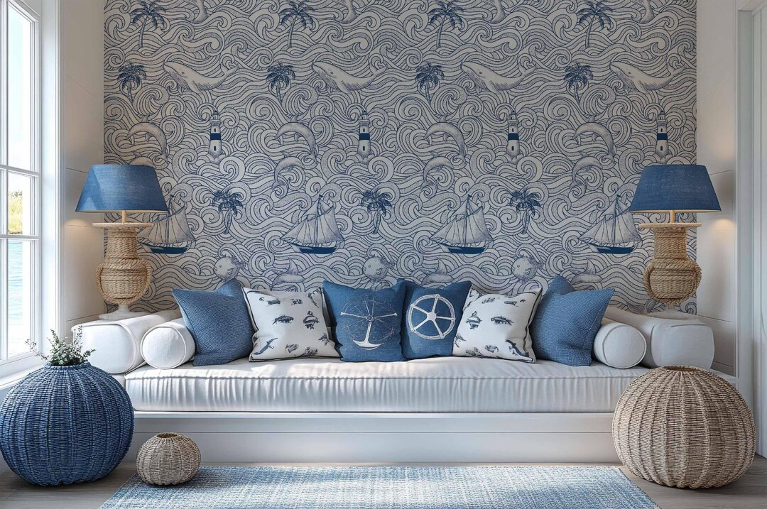 Blue Wave Wallpaper Blue Ocean Wall Decal Blue Whale Wall Sticker ...