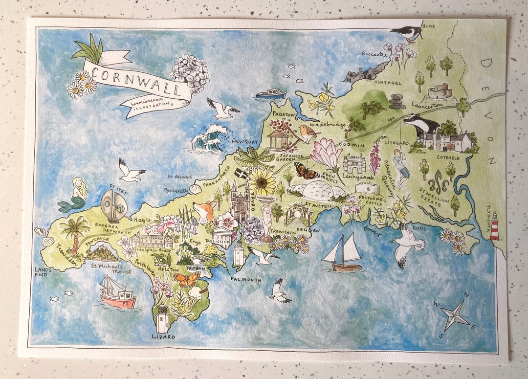 A3 Illustrated Cornwall Map - Etsy UK