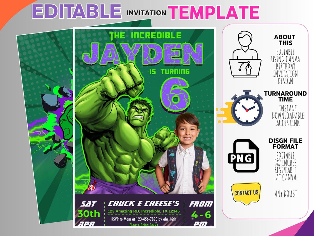 Editable Hulk Birthday Invitation, the Incredible Hulk, Birthday ...