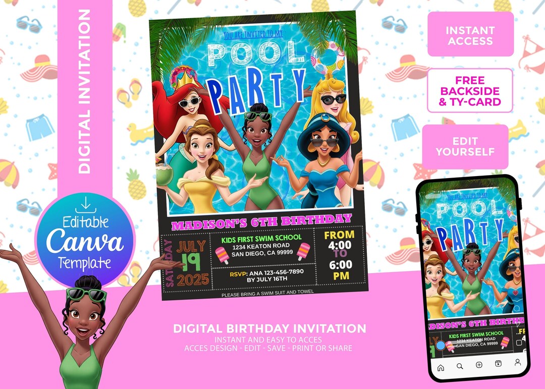 Princess Pool Party Invitation: Editable Birthday Invite (digital ...