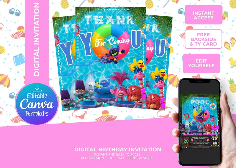 Trolls Pool Party Invitation: Editable Kids Birthday Invite (digital ...