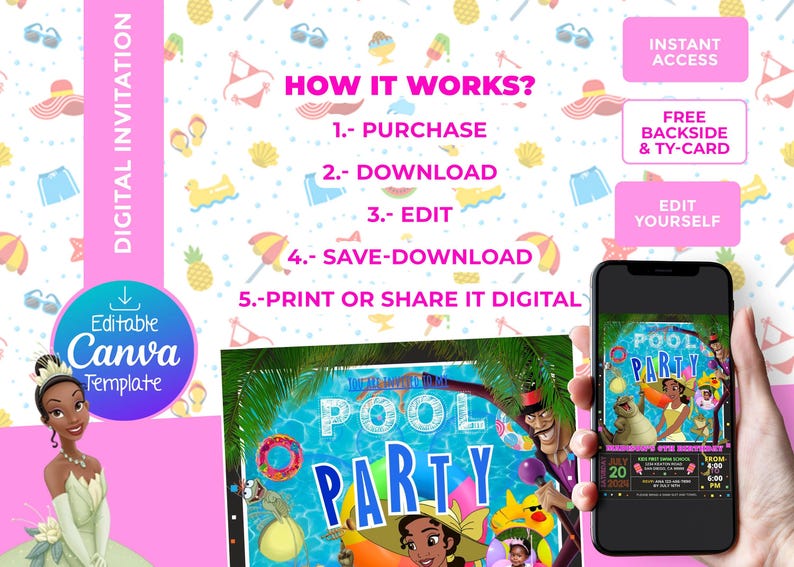 Editable Princess Tiana Pool Party Invitation | Under the Sea Birthday ...