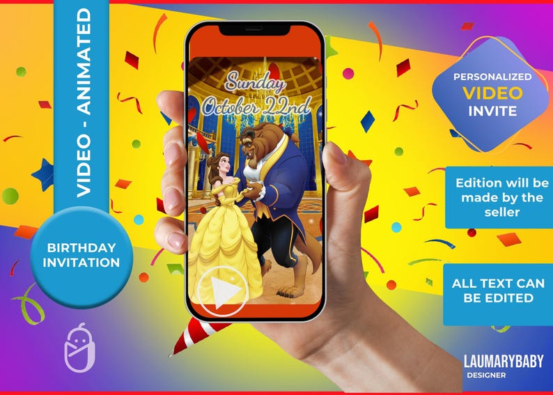 Princess Belle Animated Birthday Invitation: Beauty and the Beast Video ...