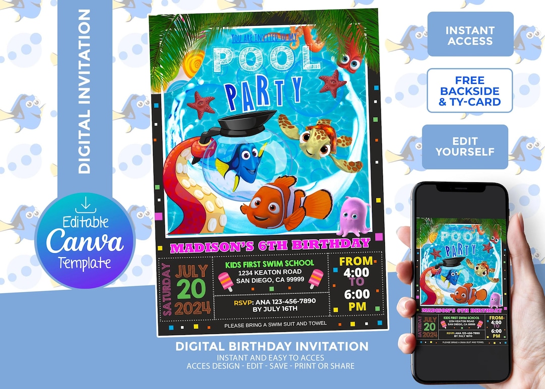 Finding Nemo Pool Party Invitation | Under the Sea Birthday (digital ...