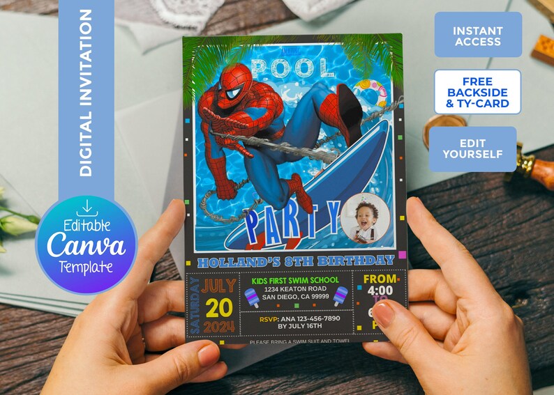 Spiderman Pool Party Invitation: Superhero Birthday, Canva Template ...