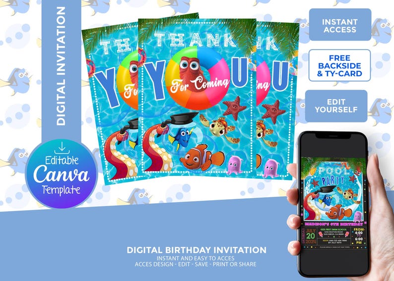 Finding Nemo Pool Party Invitation | Under the Sea Birthday (digital ...