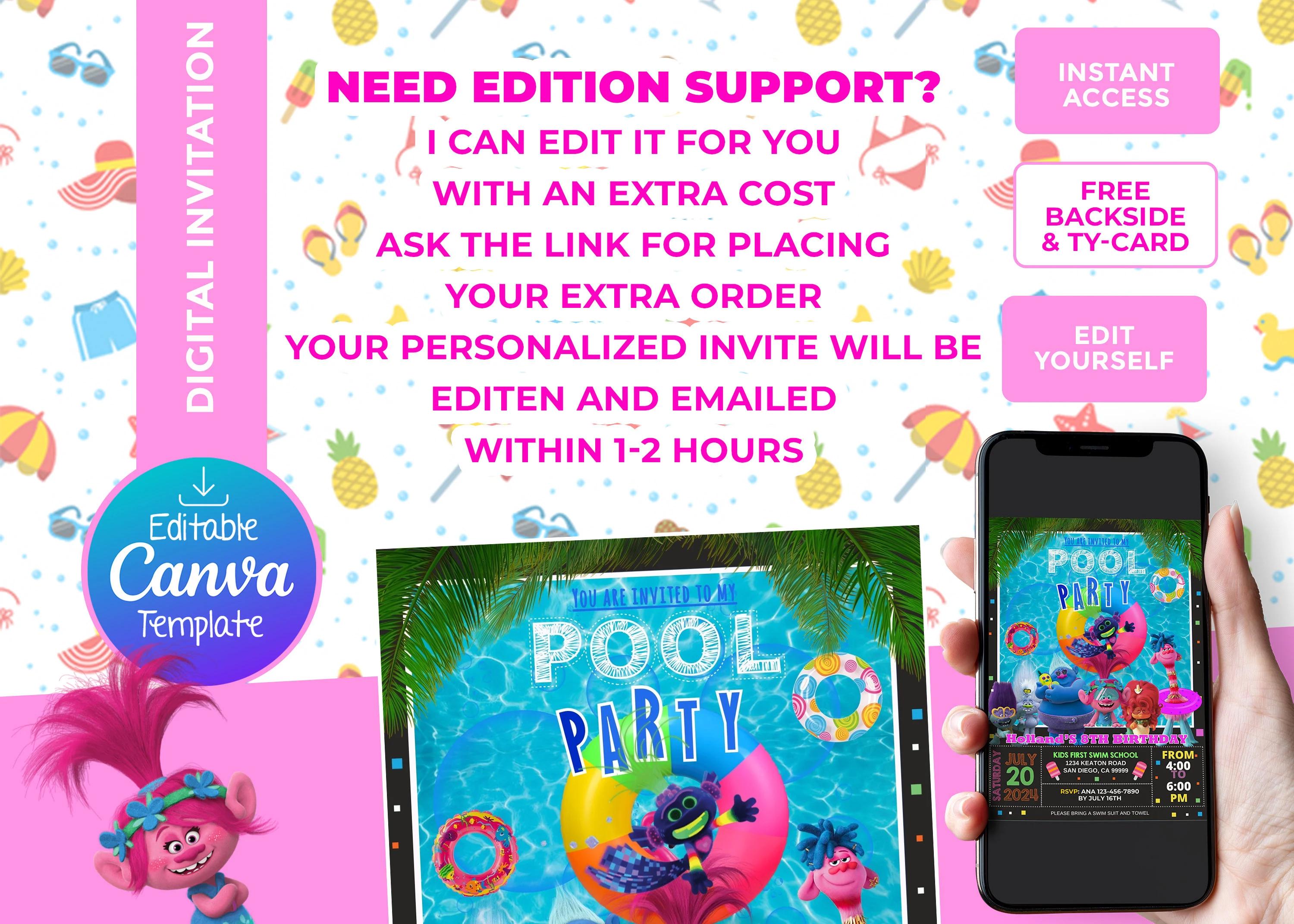 Trolls Pool Party Invitation: Editable Kids Birthday Invite (digital ...