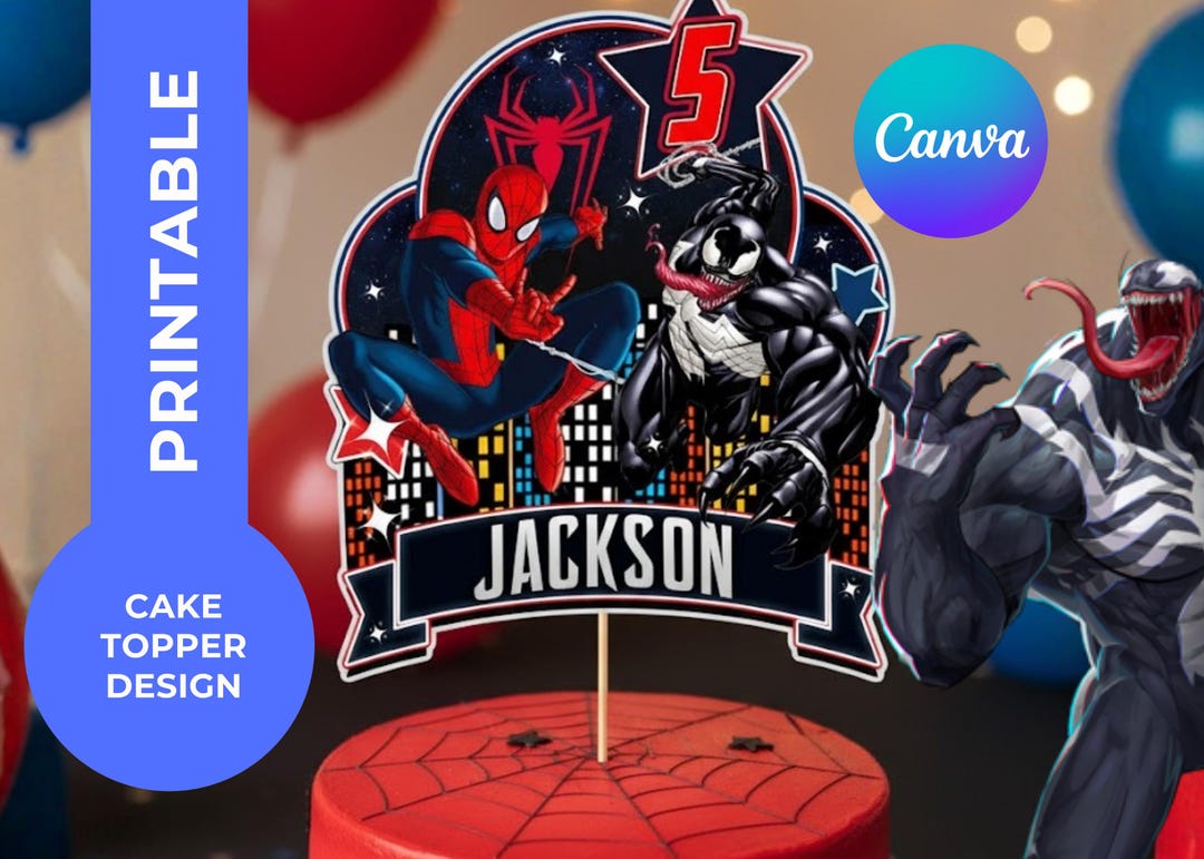 Spiderman Vs Venom Cake Topper: Editable Birthday Party Decor (PNG/PDF ...