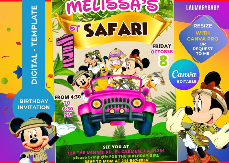 Editable Minnie Safari Birthday Invitation Template Free Backside and ...