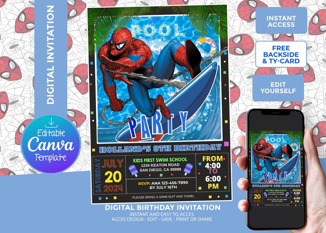 Spiderman Pool Party Invitation: Superhero Birthday, Canva Template ...
