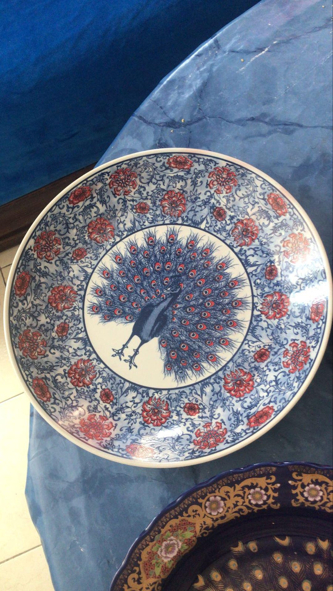Vintage Moroccan Taous Plate – Hand-painted Peacock Motif, 1970s ...