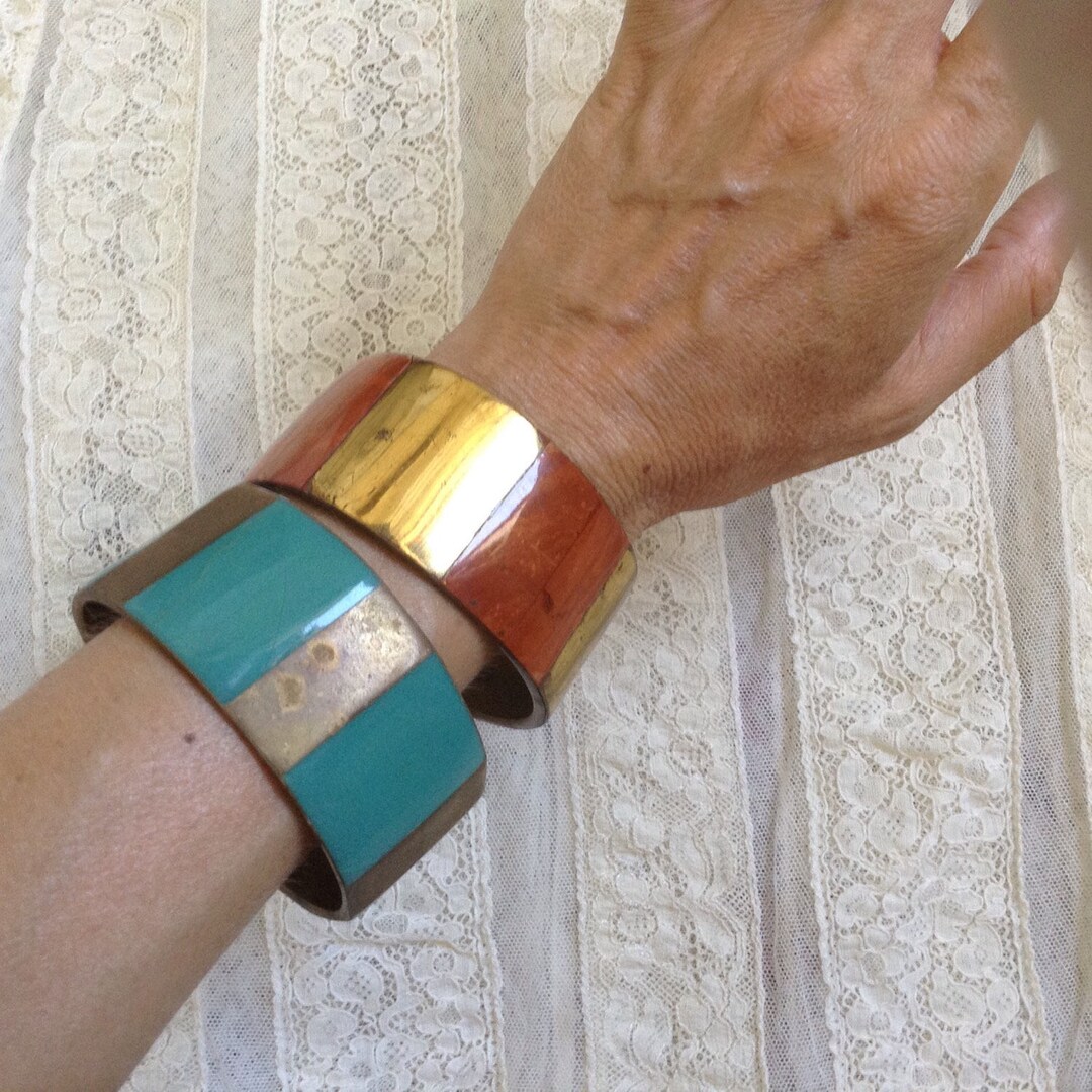 1970s Metal and Enameled and Stone Bangles Torquoise/ Tangerine - Etsy