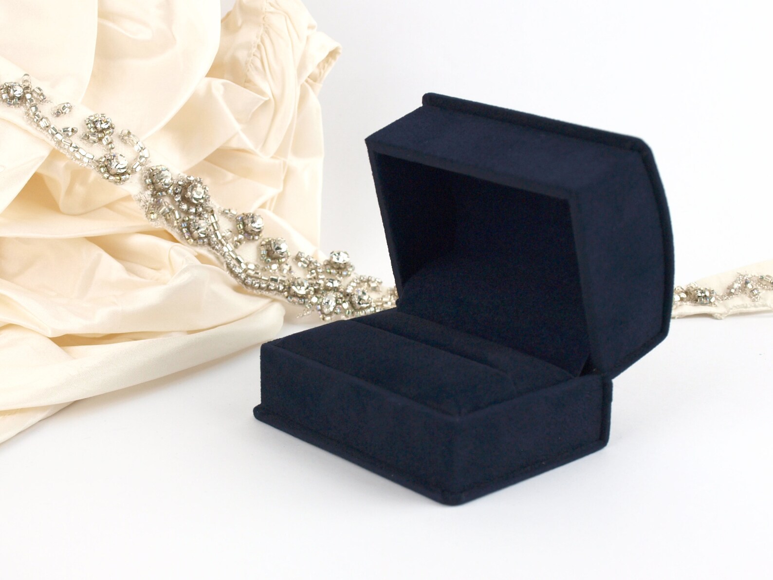 Navy Blue Velvet Ring Box for Two Rings, Velvet Wedding Double Ring Box ...