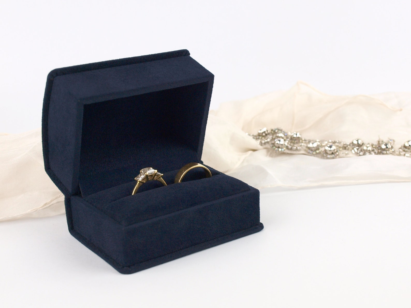 Navy Blue Velvet Ring Box for Two Rings, Velvet Wedding Double Ring Box ...