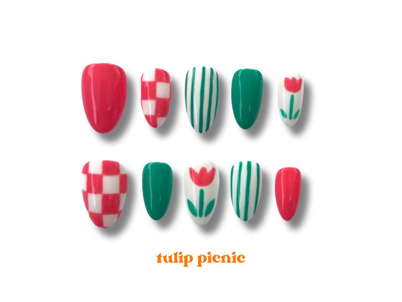Press on Nails Tulip Picnic | Flower Nails | Custom Nails | Checkered ...