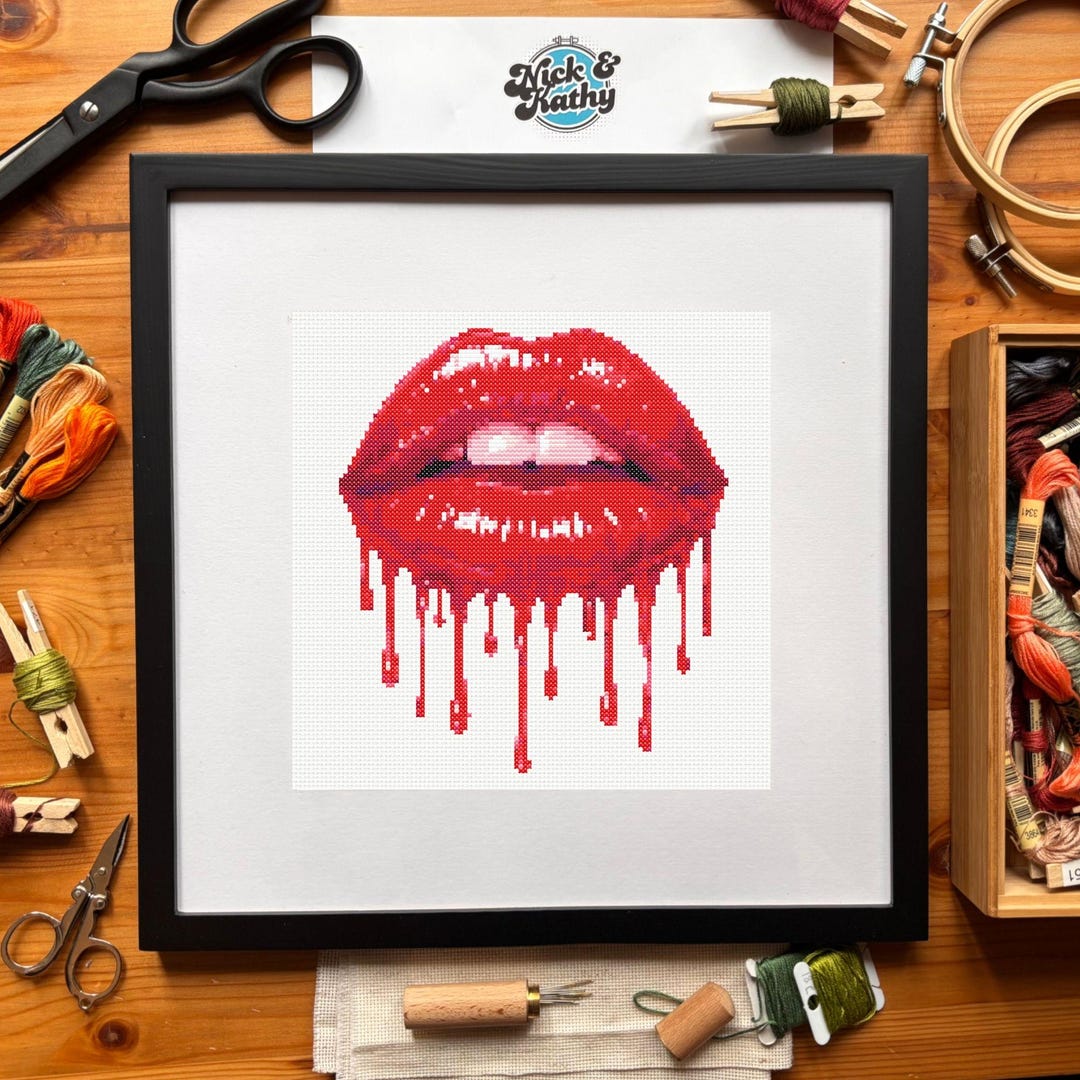 Dripping Lips Cross Stitch Pattern: Retro Halloween Horror Art (PDF ...